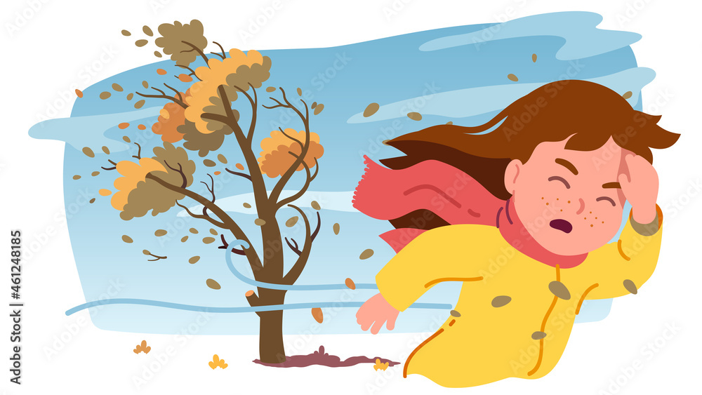 Child in stormy weather. Autumn strong wind Stock Vector | Adobe Stock