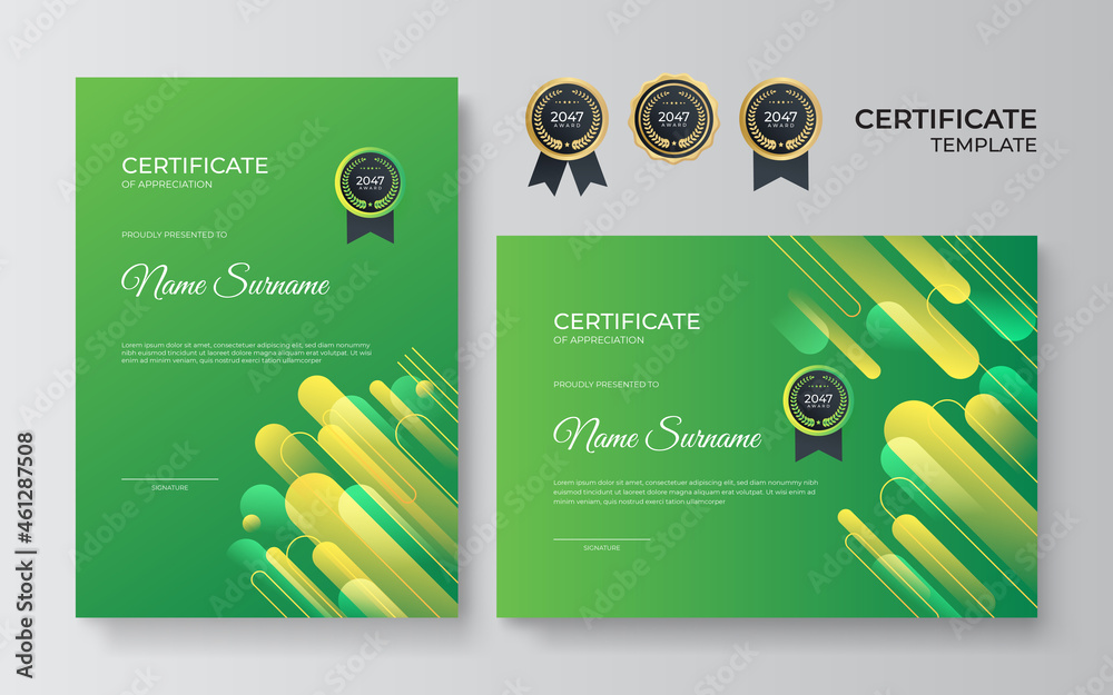 Modern green and yellow certificate of achievement template with gold ...