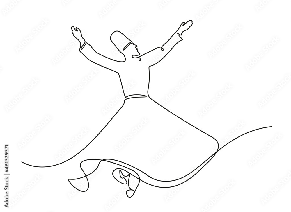Continuous one line drawing of sufi dancer vector illustration ...
