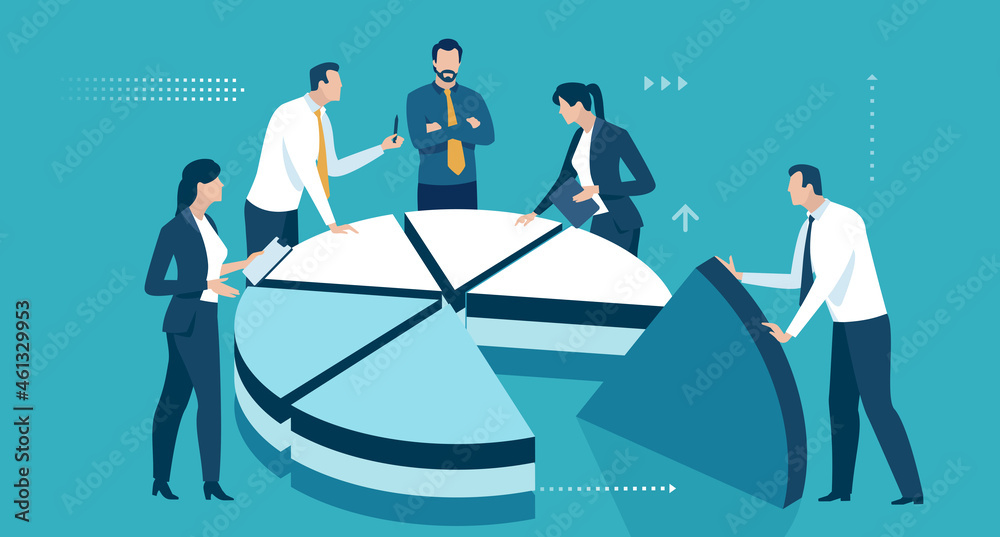 Market Share. Profit distribution. Business workers discuss about ...