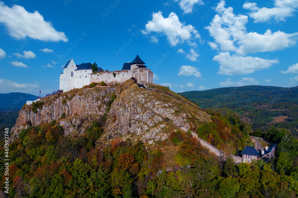 Füzér, Hungary - Aerial view of the famous castle of Fuzer built on a ...