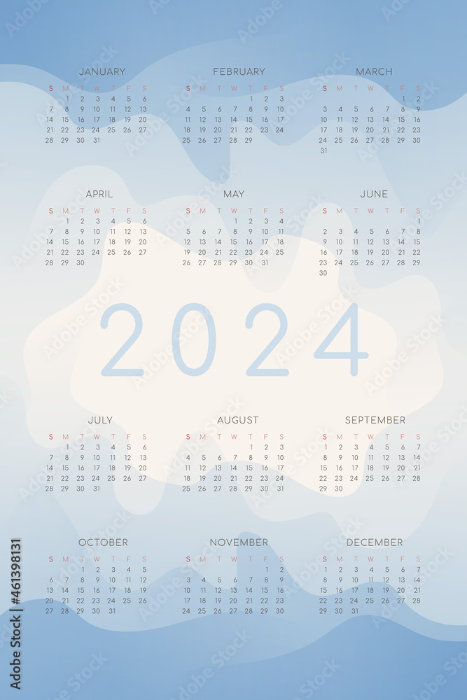 2024 calendar with blue gradient fluid wave shapes. vertical annual ...