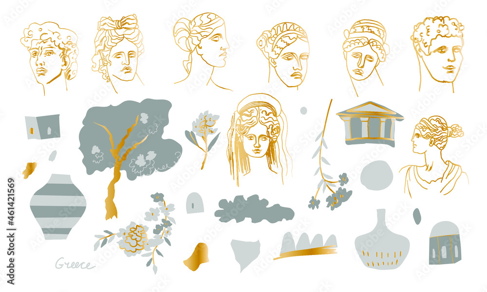 Vector Set of illustrations with Ancient Greece in flat style in grey ...