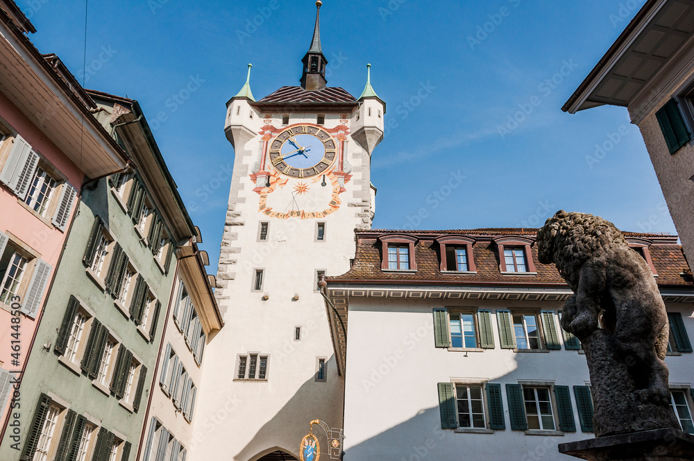 Baden, Stadtturm, Altstadt, Wehrturm, Löwenbrunnen, Limmattal, Aargau ...