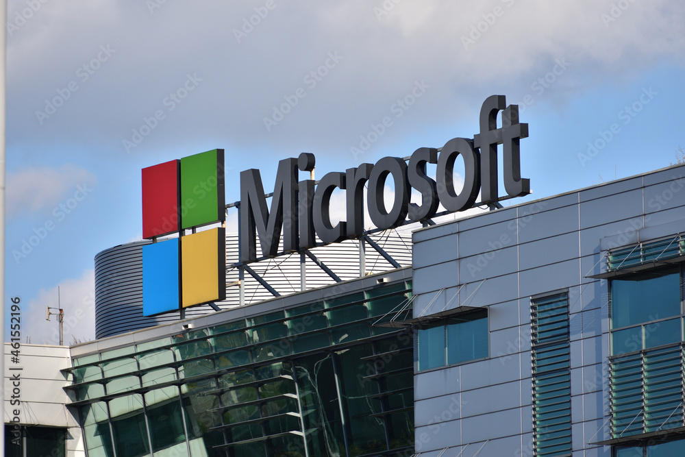 Microsoft logo, signage on the facade of Microsoft Polska office ...