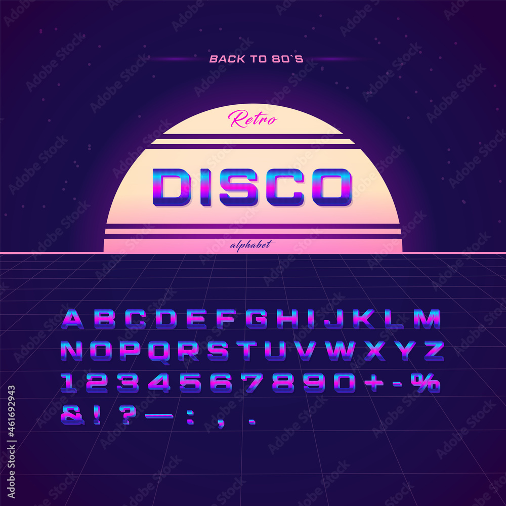 Disco. 3D textured alphabet with neon glow effect. For retro projects ...