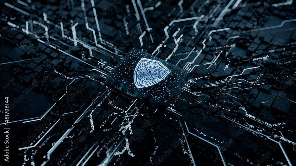 Security Technology Concept with shield symbol on a Microchip. Data flows from the CPU across a ...