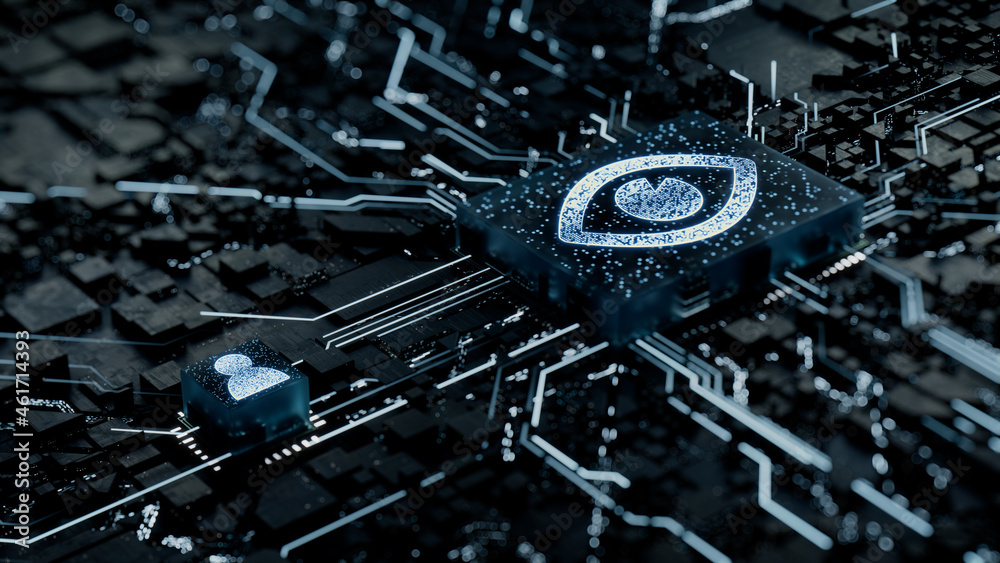 Vision Technology Concept with eye symbol on a Microchip. White Neon ...