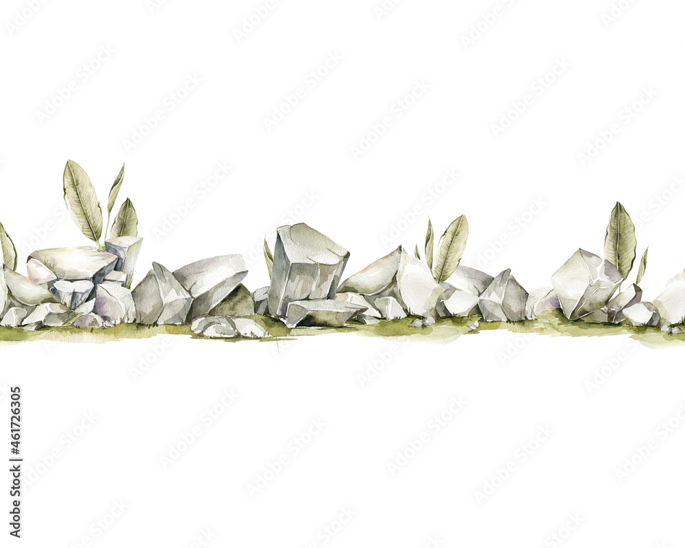 Watercolor cute stones border. Hand painted mountains, rocks frame with ...