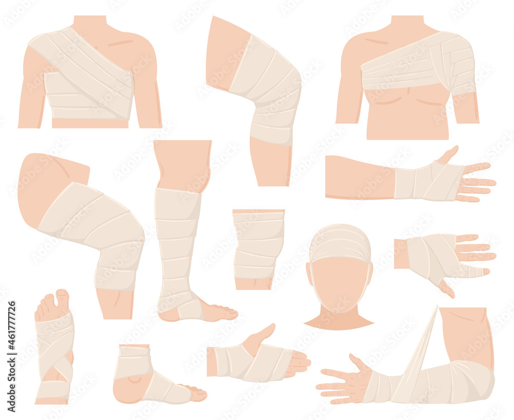 Cartoon physical injured body parts in bandage applications. Bandaged ...