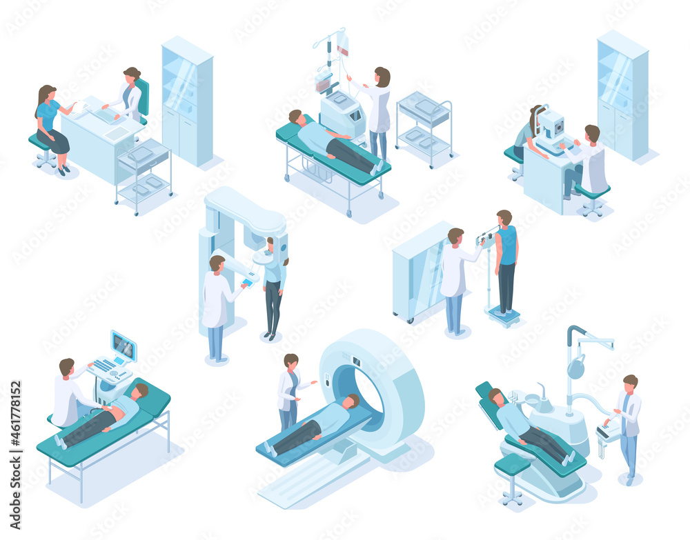 Isometric doctors and patients with hospital medical diagnostic ...