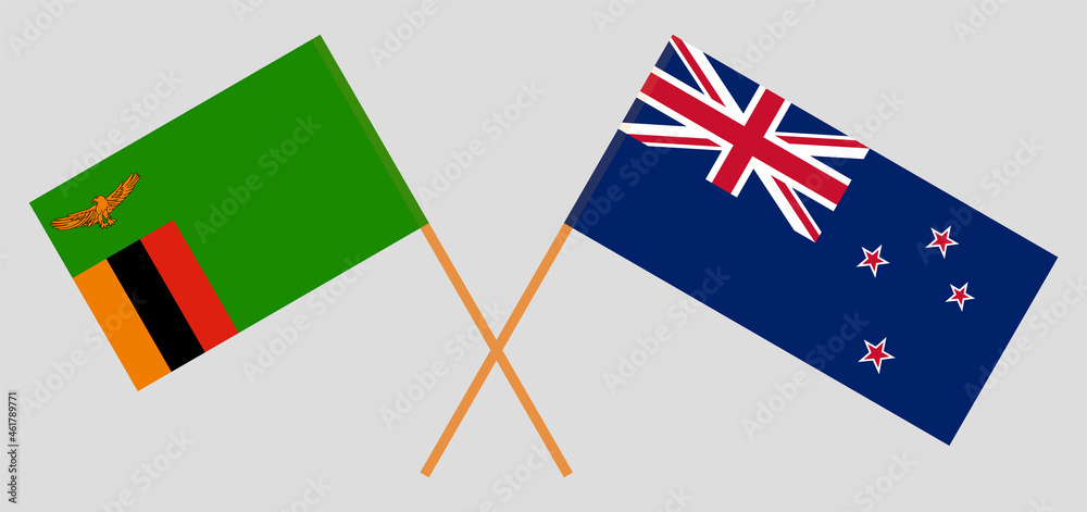 Crossed flags of the Republic of Zambia and New Zealand. Official ...