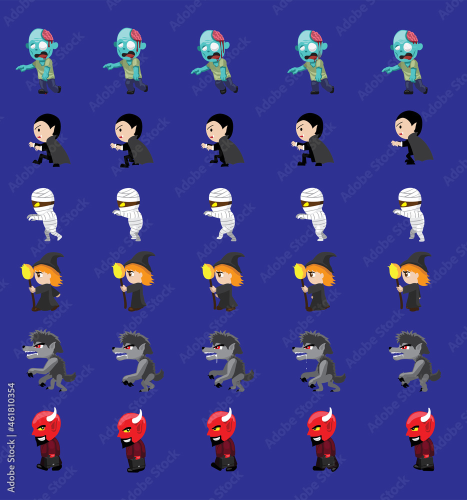 Cute Halloween Characters Animation Zombie Dracula Mummy Witch Werewolf ...