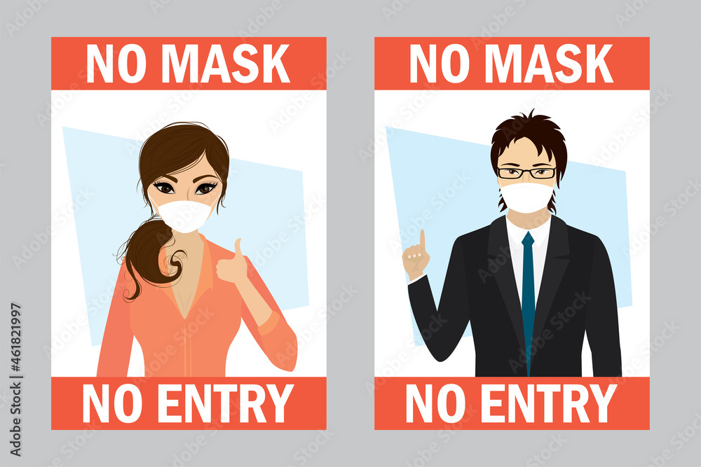 Cartoon people with protective medical masks on faces. Placards ...