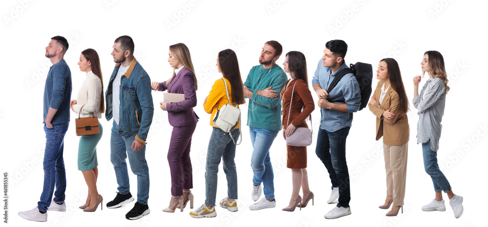 People waiting in queue on white background. Banner design Stock Photo ...