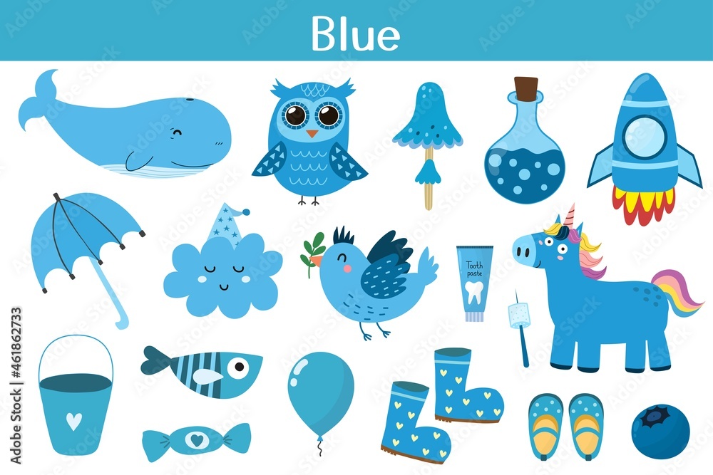 Blue color objects set. Learning colors for kids. Cute elements ...
