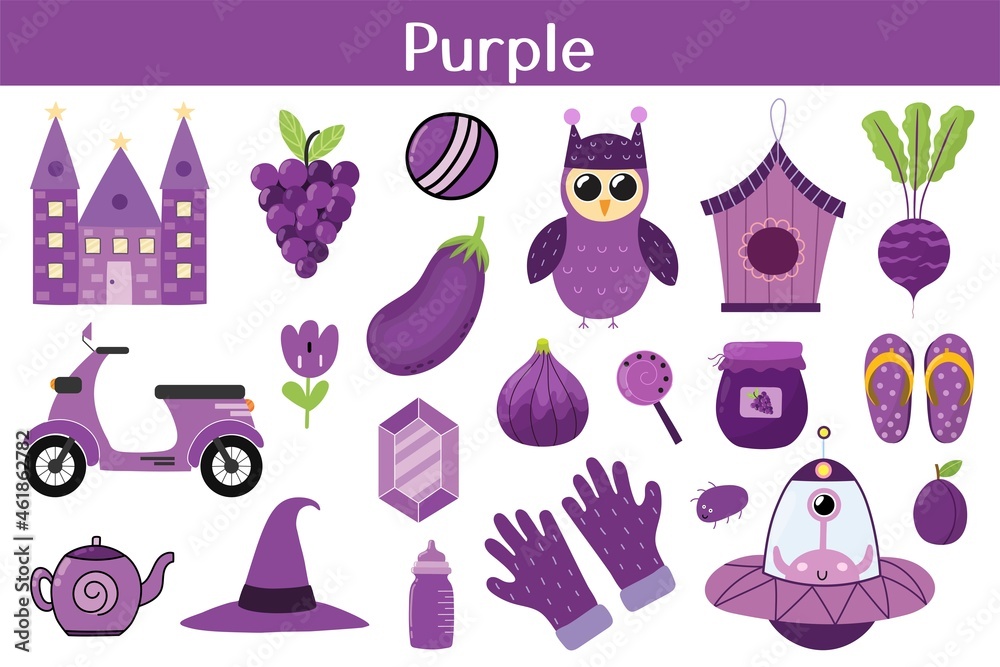 Purple color objects set. Learning colors for kids. Cute elements ...