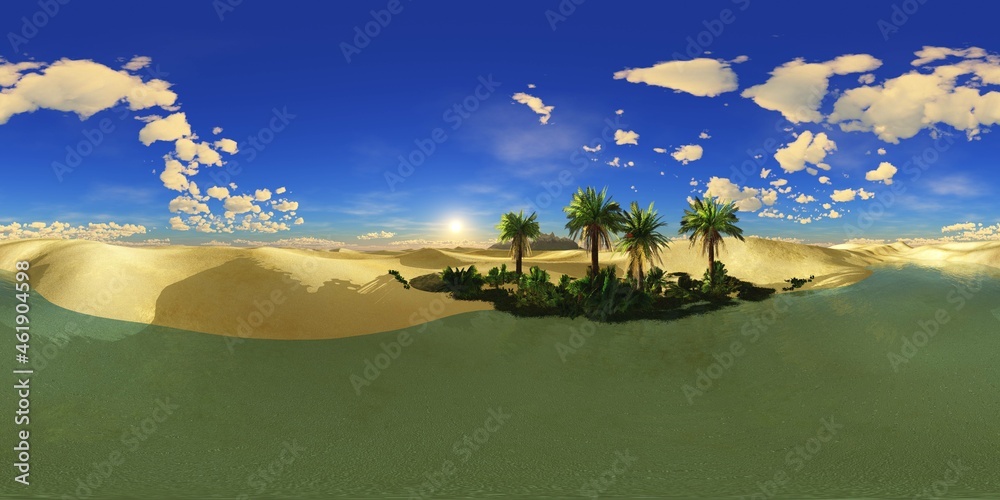 Oasis at sunset in a sandy desert. Environment map. HDRI . equidistant projection. Spherical ...