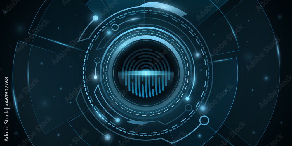 Fingerprint scan and digital HUD with light effects. Biometric verification. Network protection ...
