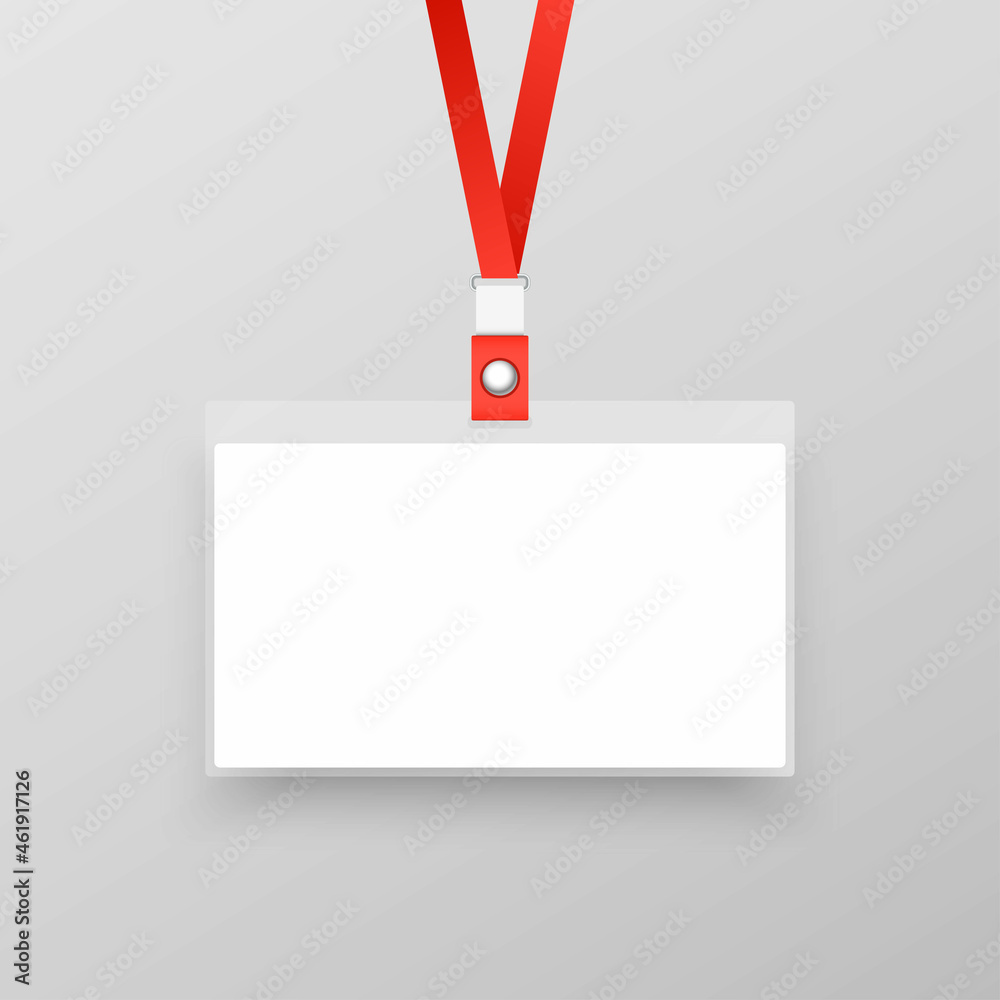 Realistic plastic horizontal badge with red lanyard. Blank access badge ...