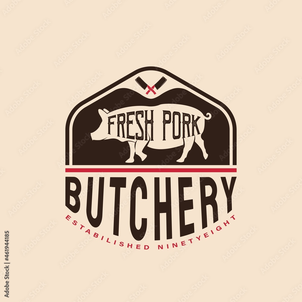 Vintage Retro Pork Butcher Shop Logo Design. With pig, and knife icon ...