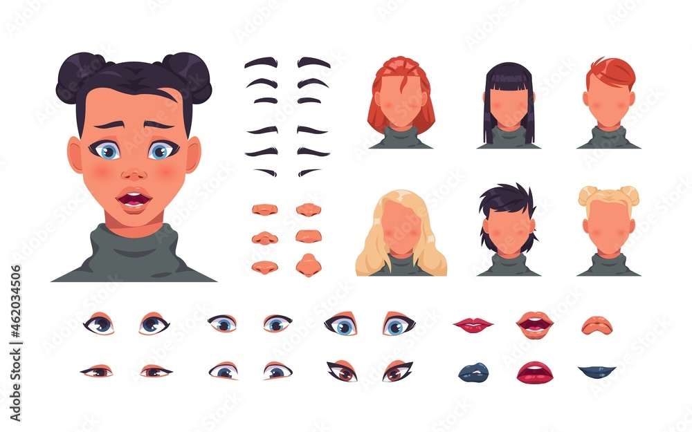 Female face kit. Woman character avatar constructor with hair, eyes and ...