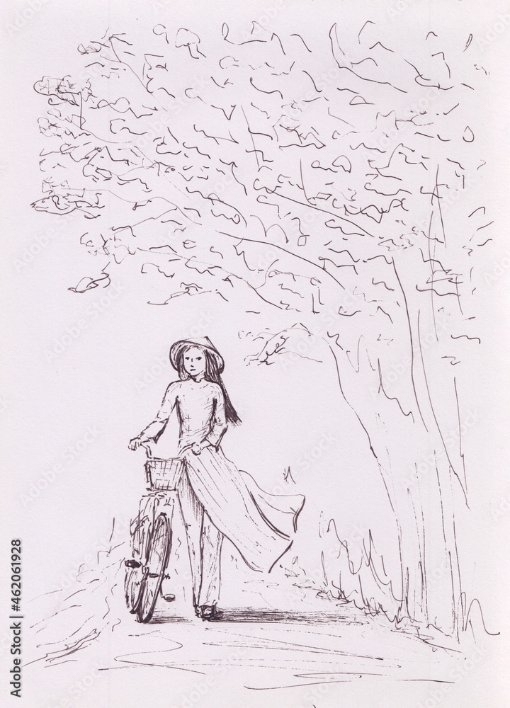 Black and white ink painting of a girl in traditional Vietnamese dress ...