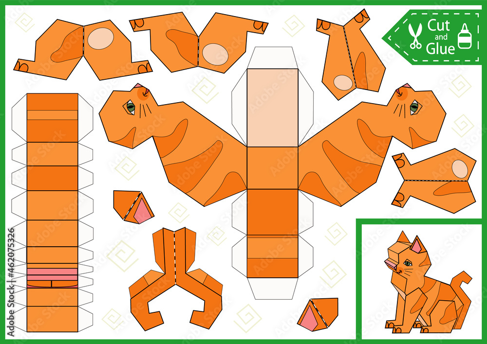 Kids craft 3d paper game. Cut and glue a cat. Activity page and worksheet for children. Cutout ...