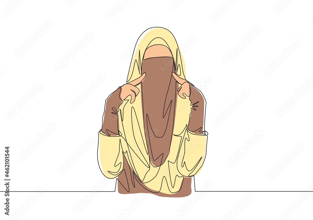 Single continuous line drawing of young cute Asian muslimah wearing ...