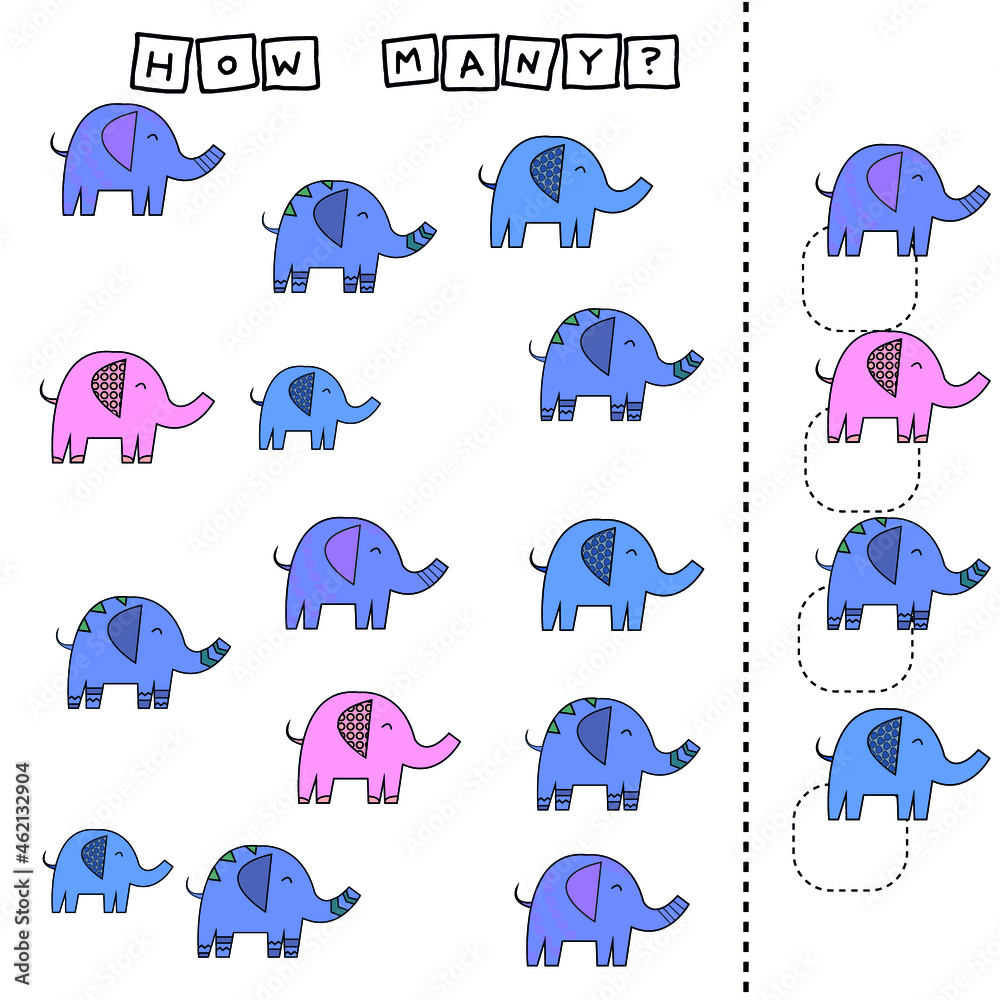 How many counting game with funny elephants . Worksheet for preschool ...