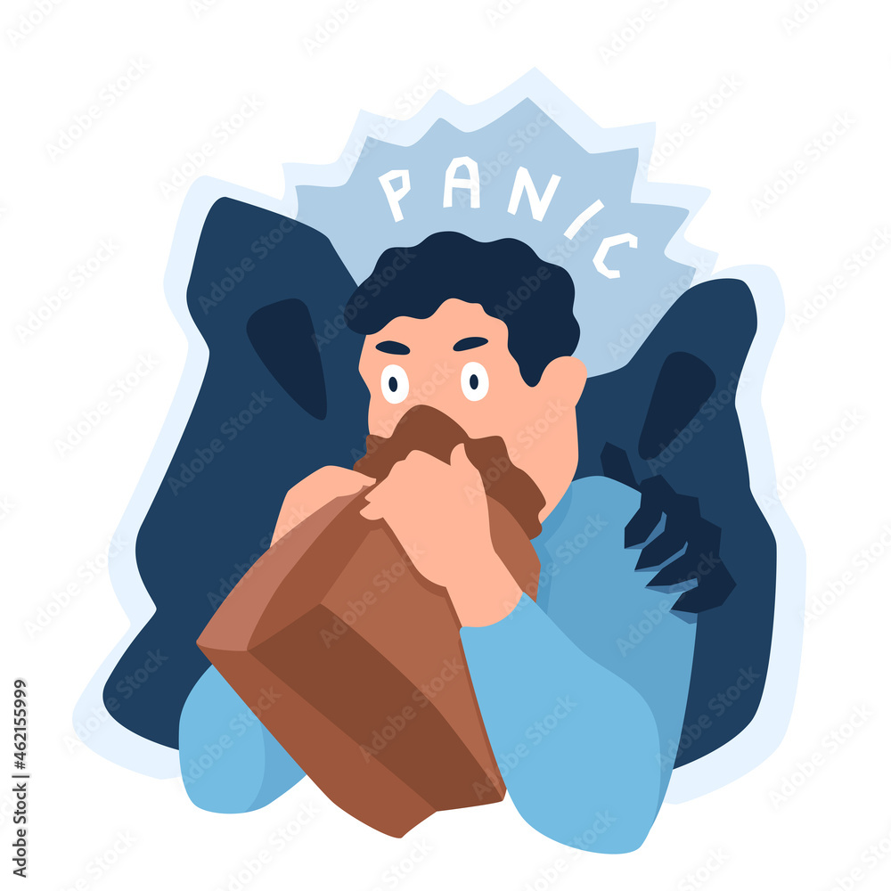 Panic attack. A man breath with a paper bag. Hyperventilation, stress ...