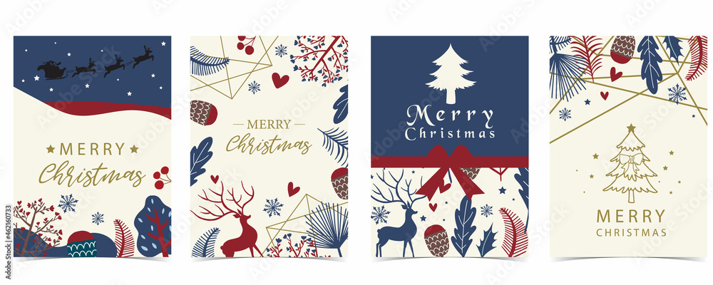 Collection of winter background set with tree,raindeer,flower,leaves ...