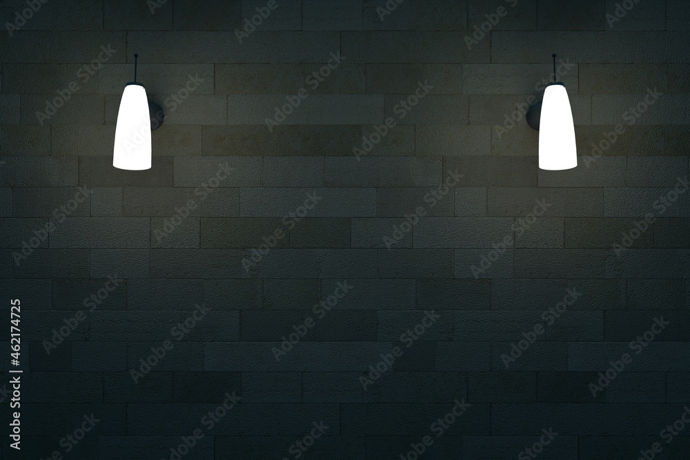 3D model of two wall lamps on a dark insulated wall. Illuminated wall ...