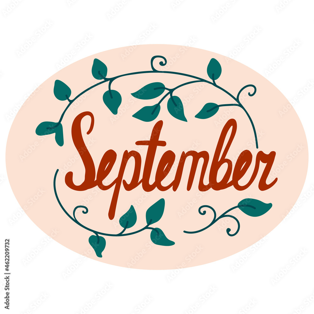 Vector illustration of word September in ellipse with floral elements ...