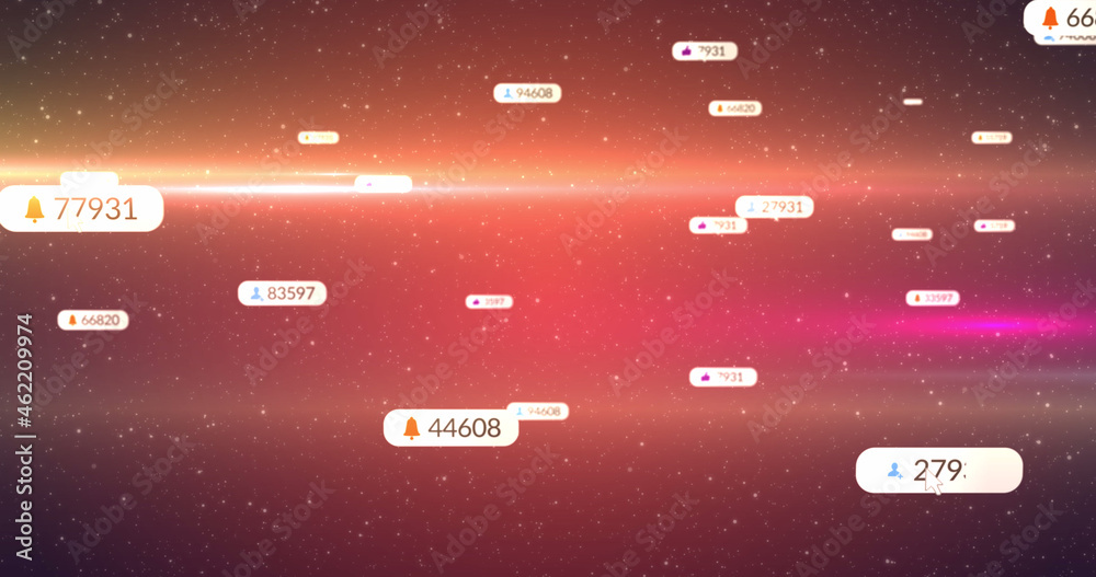 Image of cursors over social media icons and numbers on white banners and stars on night red sky ...