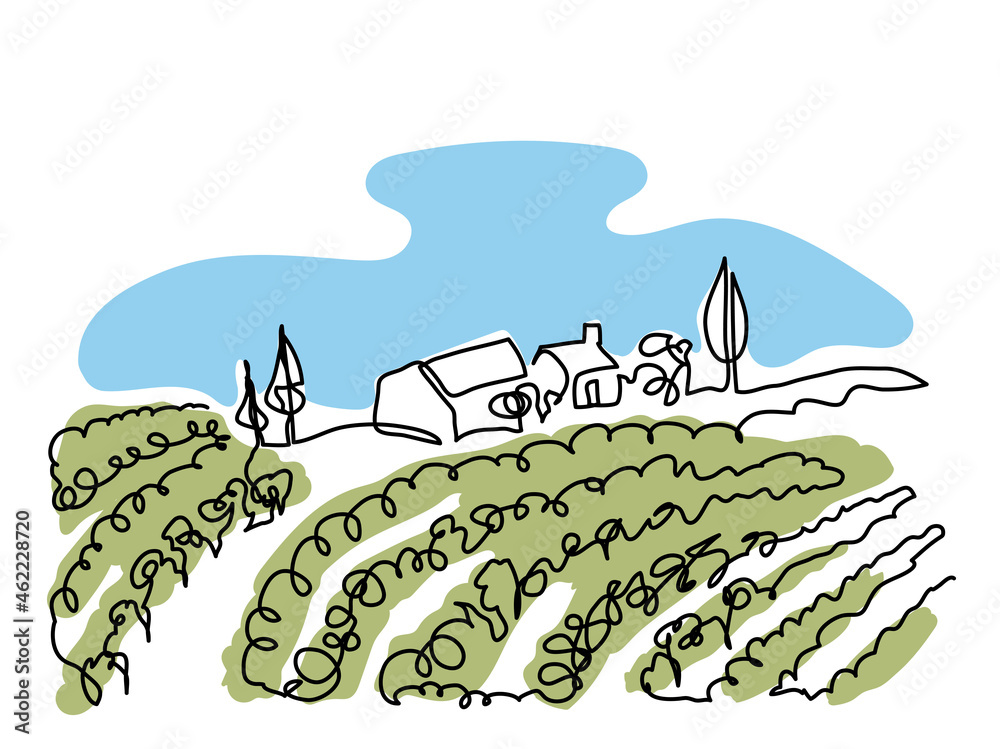 Vineyard field minimalist color design for wine label.Simple vector ...