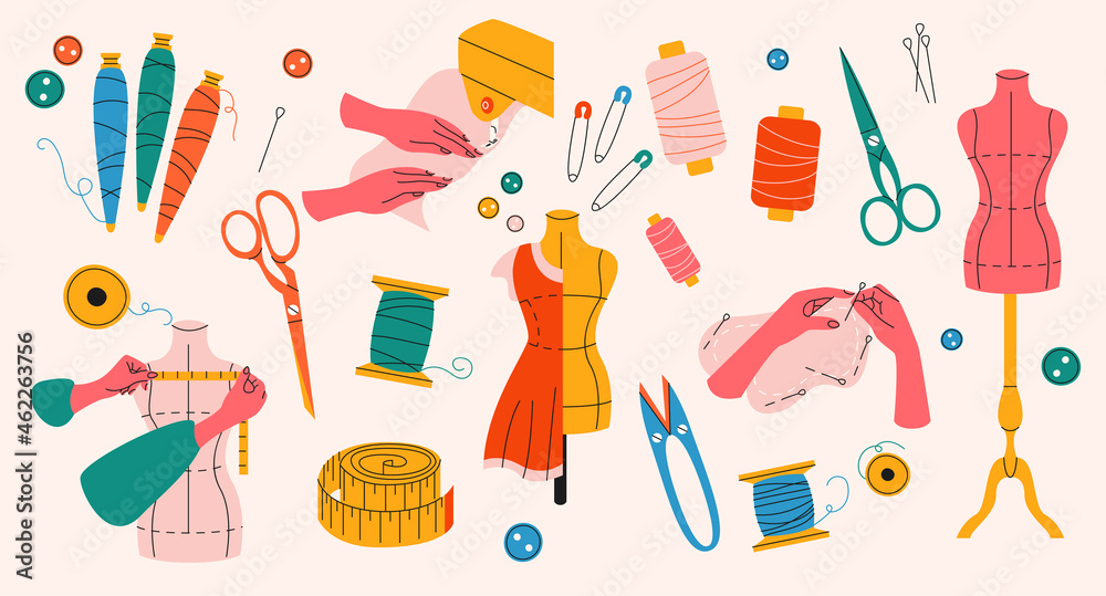 Sewing and dressmaking simple elements collection. Tailoring workshop ...