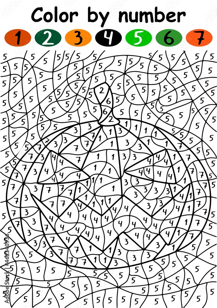 Halloween pumpkin color by number vector illustration. Cartoon hand ...