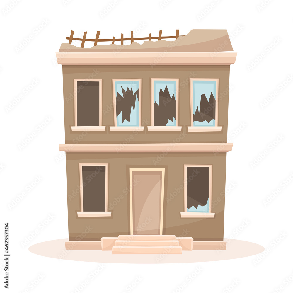 Abandoned two storey house with broken windows and roof. Facade of old ...