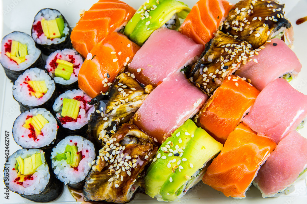 Tasty Colorful assorted Set of different type Sushi. Dinner in Japanese ...