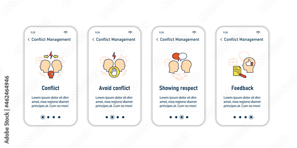 Conflict management onboarding mobile app screens. Resolving conflict ...