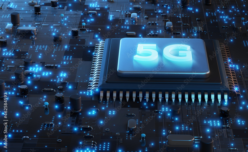 5G network processor 3D rendering, Computer mother board chip with 5G ...
