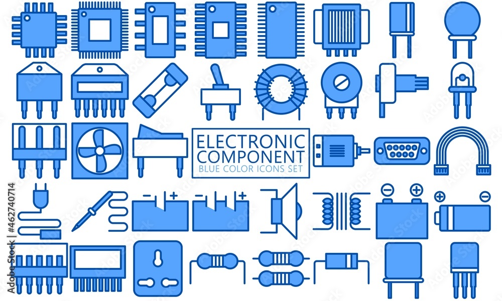Electronic blue color icons set. chipset symbols, resistors, capacitors ...