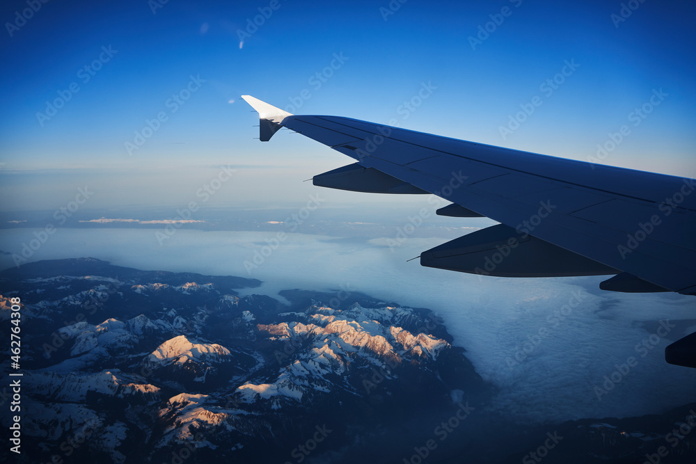 France, Auvergne-Rhone-Alpes, Wing of Airbus A321 flying over European ...