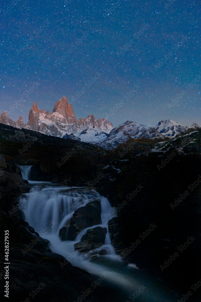Mount Fitz Roy and waterfall at sunrise in Autumn, El Chalten ...