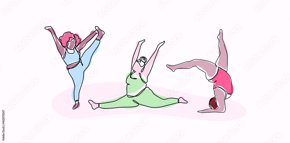 Body positive concept. Plus size girls do yoga. Different yoga poses ...