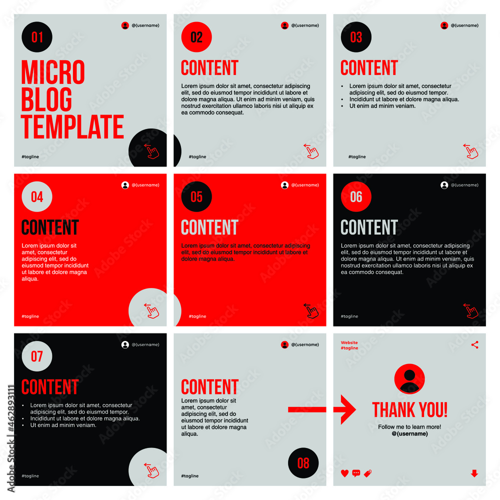 Microblog carousel slides template for instagram. Nine pages with flat ...