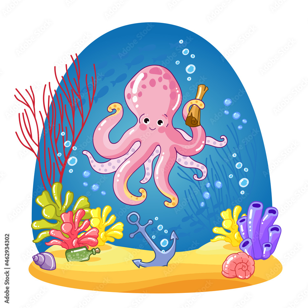 Octopus, coral reefs. The seabed, the underwater world. Marine animals ...