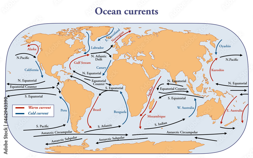 Map of the ocean currents around the earth Stock Illustration | Adobe Stock