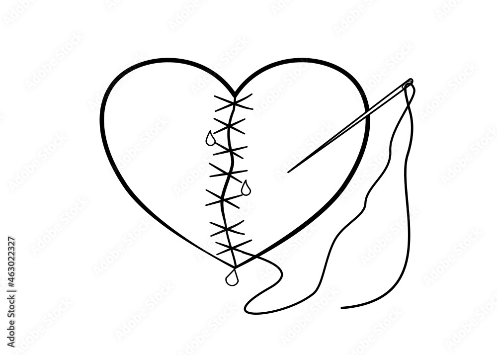 Praca wektorowa bez tantiem Drawing Line art of Broken heart was cut and attached with many pin needle and thread brooches.Sadness Feeling sorry for broken heart. Vector illustration. Adobe Stock